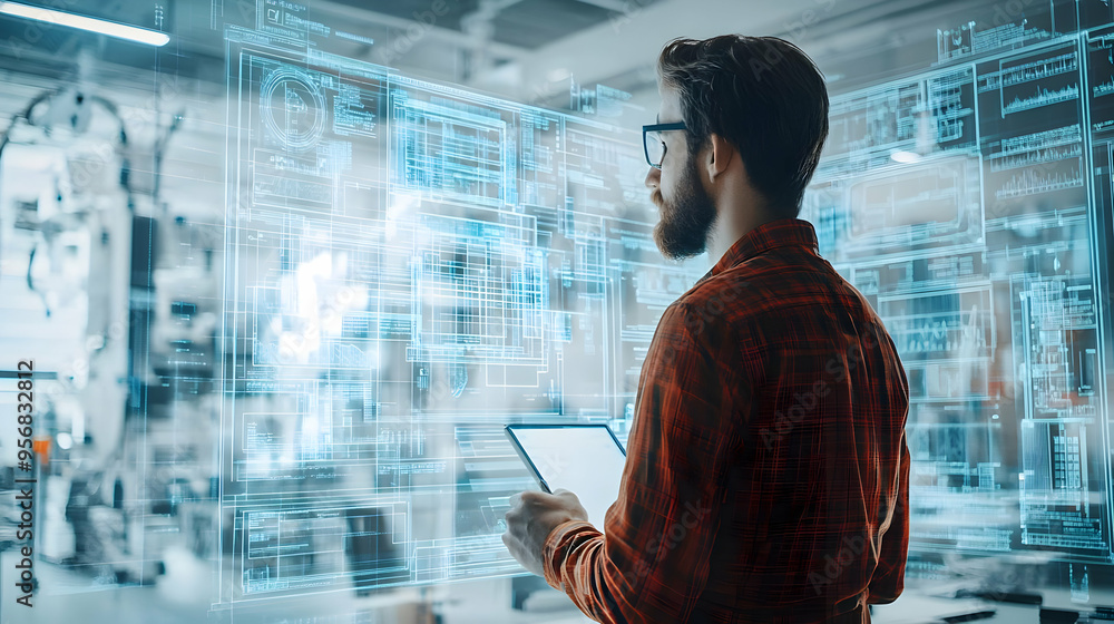 Engineer using CAD software in a glossy flexible workspace concept as Camera movement Pan across ...