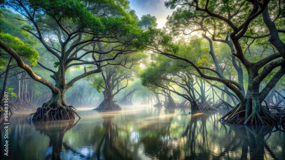 A serene and mystical mangrove forest with twisted, gnarled trees ...