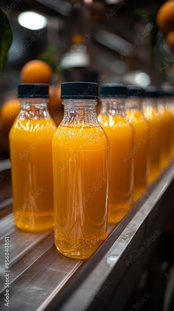 Fresh orange juice being bottled in a production line, showcasing clean ...