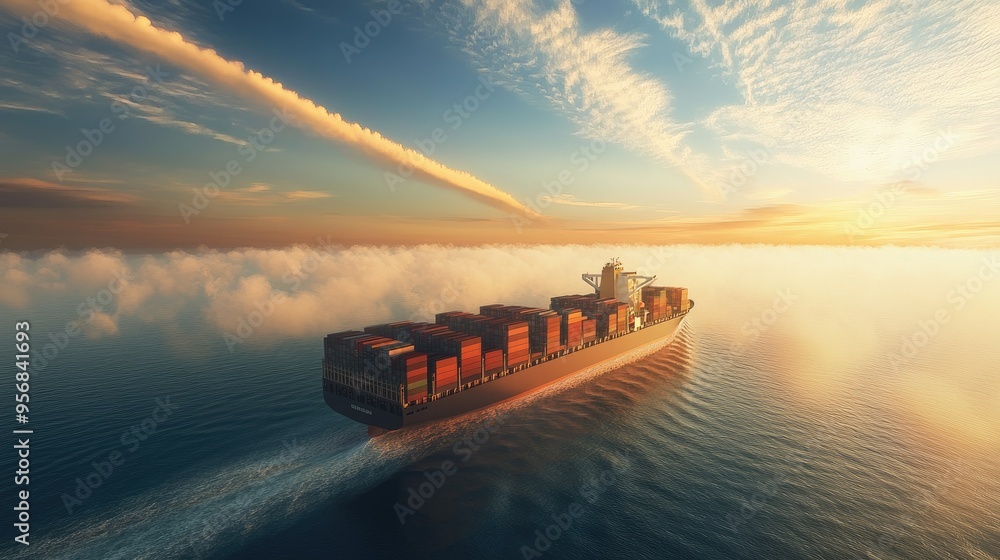 Container ship navigating the ocean with a contrail, filled with cargo ...