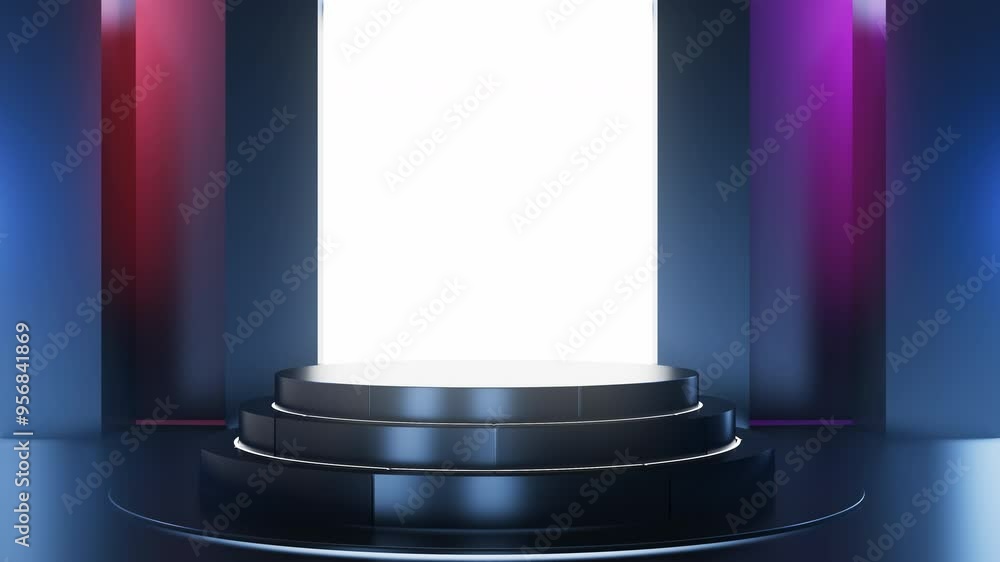 Black room space with rotating round pedestal, exhibition podium or ...