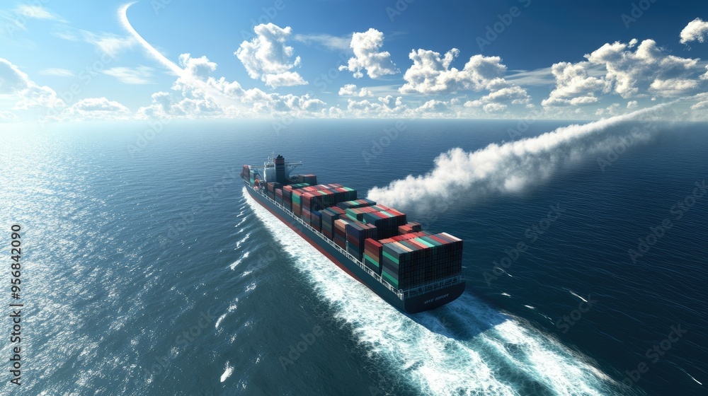 Container ship navigating the ocean with a contrail, filled with cargo ...