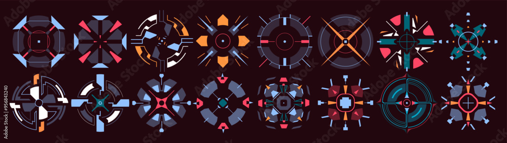 A futuristic HUD UI set featuring circular interfaces, targets, and aim ...