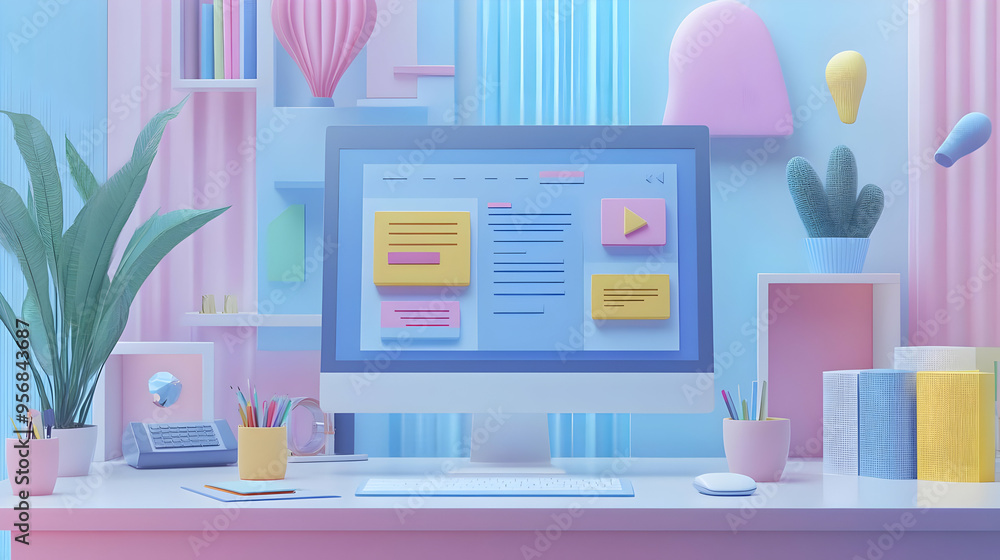 Freelancer designing a glossy website in a flexible workspace concept ...