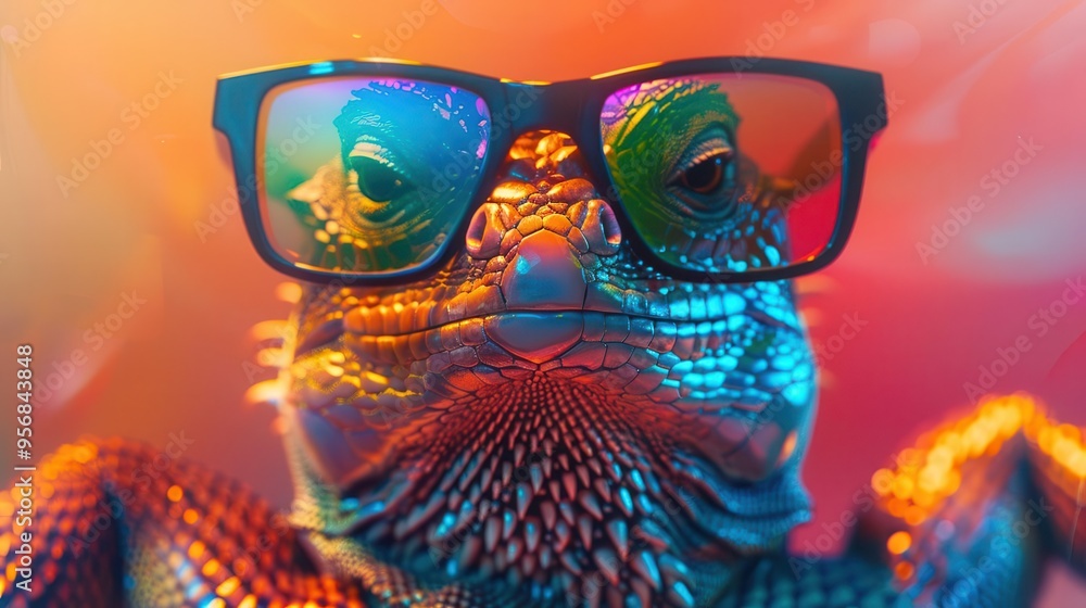 surreal portrait of a humanoid lizard wearing trendy sunglasses scales ...