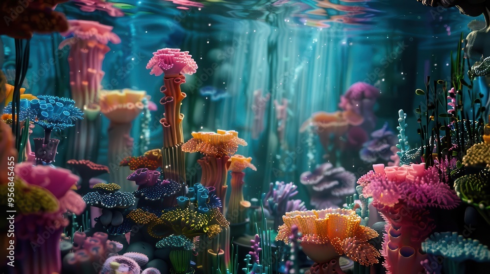 surreal underwater coral cityscape with bioluminescent clay structures ...