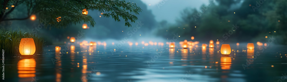 Glossy Lake with Floating Lanterns for Mid Autumn Festival concept as A ...