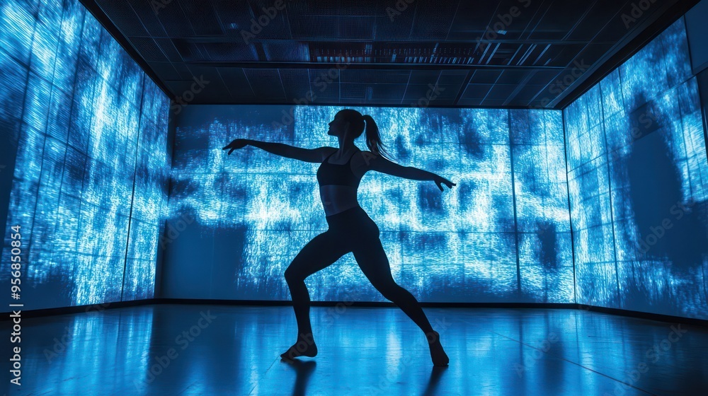 A solo dancer in a high-tech studio, her movements triggering ...