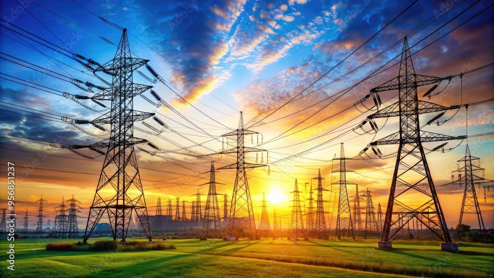 A sprawling electrical grid stretches across the landscape, featuring a ...