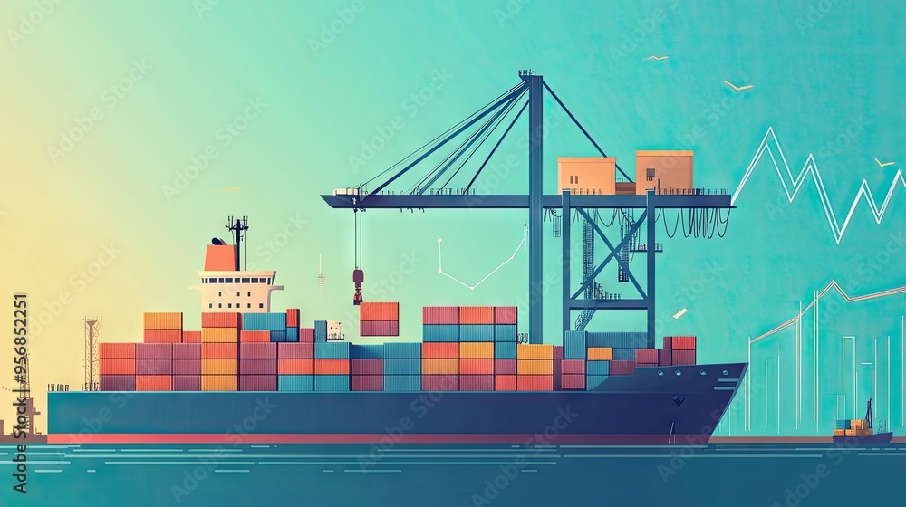 Crane lifting cargo containers from a ship at the port, with a ...