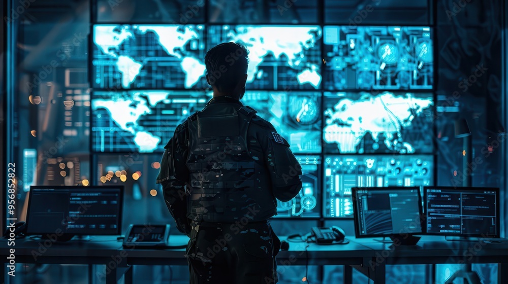 tactical operations in modern war room soldier analyzing maps and ...