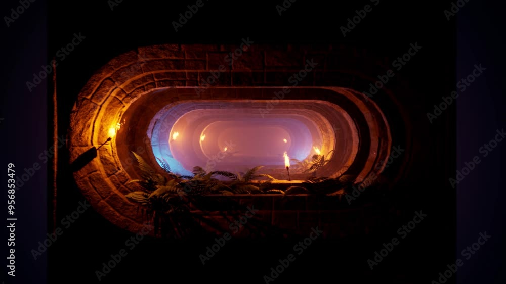 exotic tunnel with stone surface texture and fern plants. Camera ...