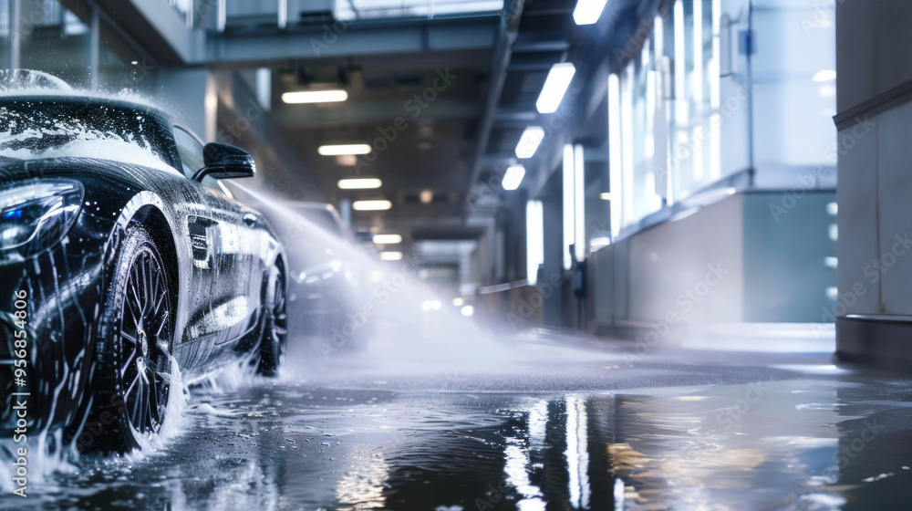 Mobile car wash service in a modern facility with high-pressure water ...