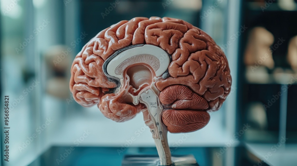 Detailed image of a human brain model with clear anatomical labeling ...