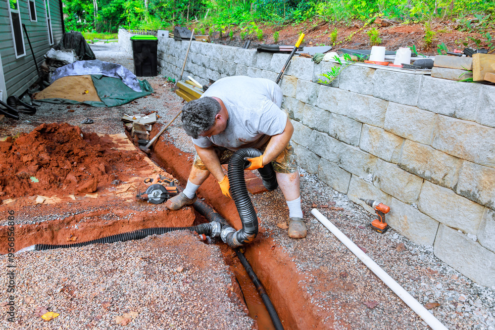 In trench underground, drainage pipes are laid assembled for outflow of ...