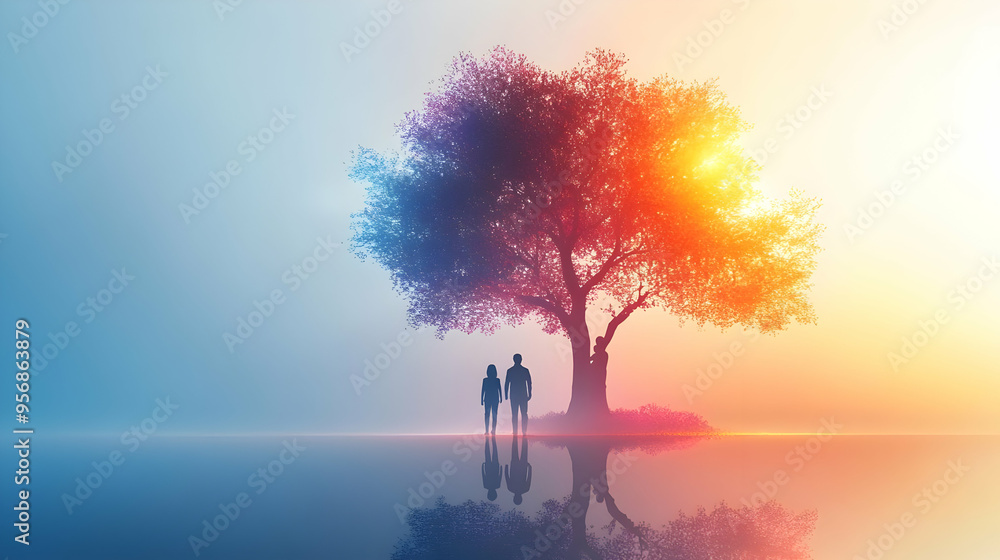 Holographic Parents and Child with Glowing Tree concept as A ...