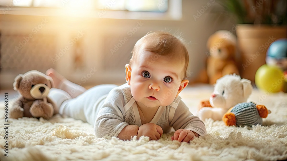 Adorable infant lying on stomach, arms splayed, gazing up curiously ...