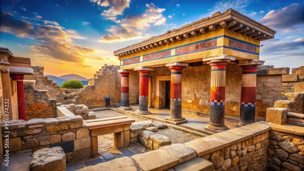 Ancient stone columns and frescoed walls surround a sun-drenched ...