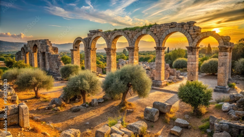 Ancient stone columns and crumbling arches rise from a sprawling, sun ...