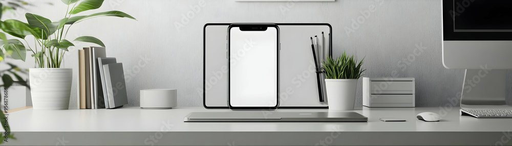Phone and Desk Organizer with Stay Productive text isolated on white ...