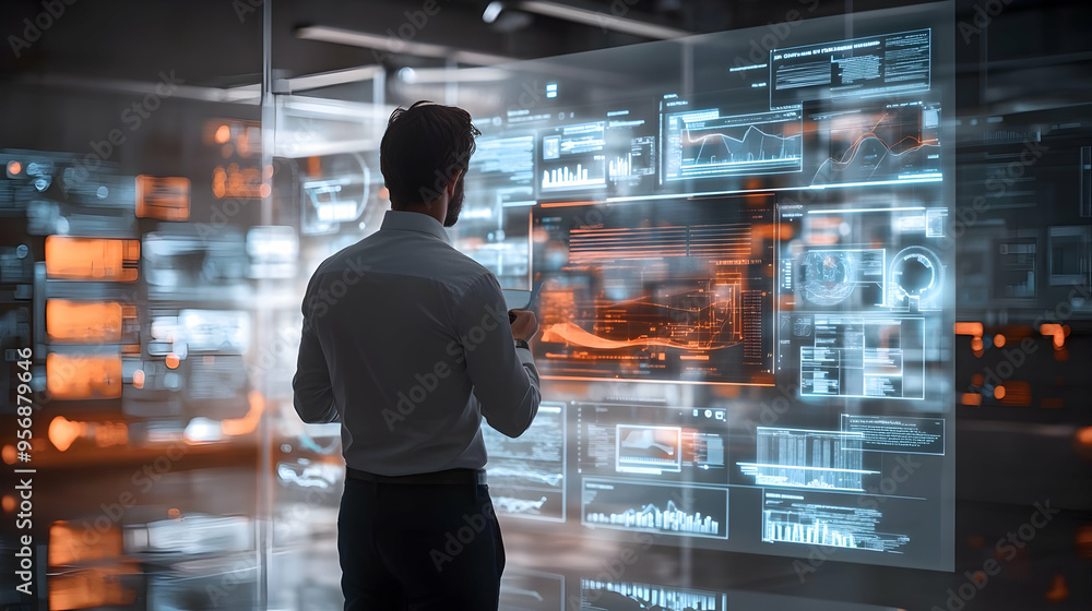 Product manager reviewing designs in a glossy virtual meeting concept ...