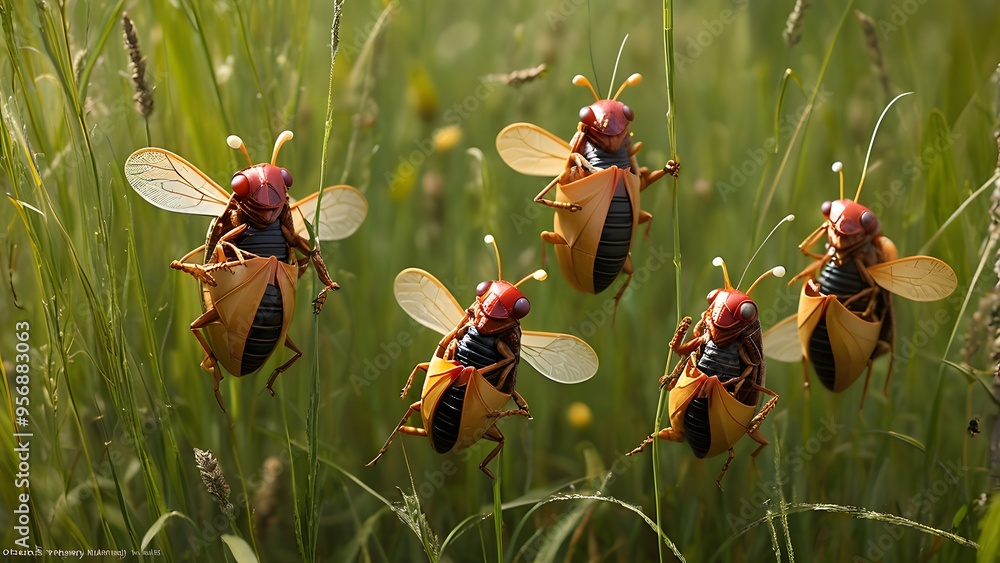 many miniature cicadas wielding acorn shell guitars twig tambourines ...