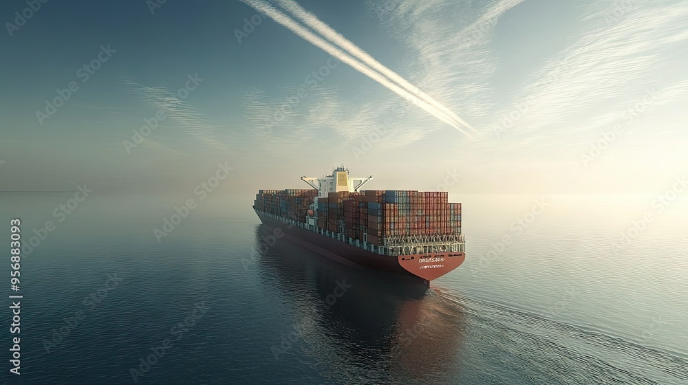 Express cargo container ship in the ocean with a visible contrail ...