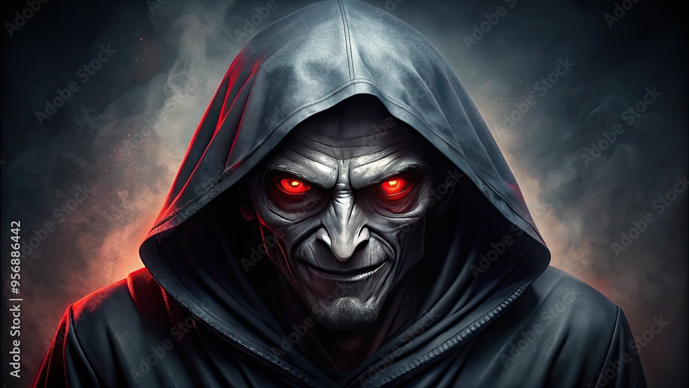 Ominous figure cloaked in shadows, menacing eyes glowing red, sinister ...
