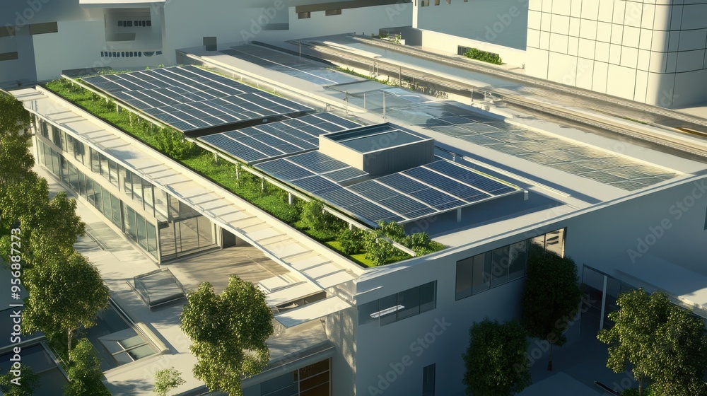 Modern building design featuring solar panels and greenery, showcasing ...