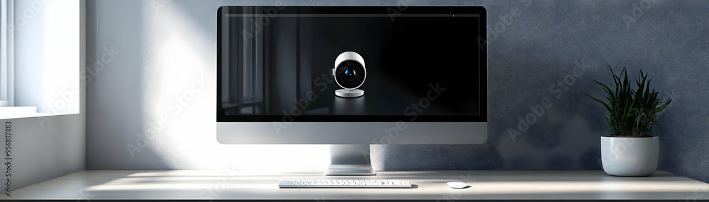 Webcam and Monitor concept as A modern webcam sitting atop a flat ...