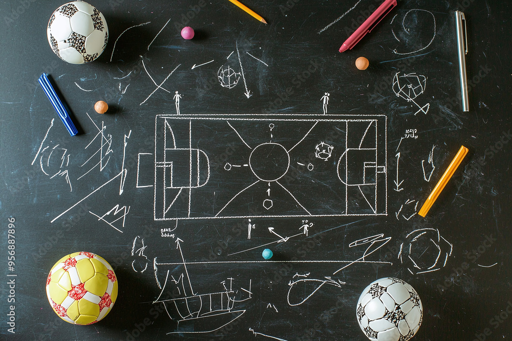 Photo & Art Print a football tactic plan on a black chalkboard ...