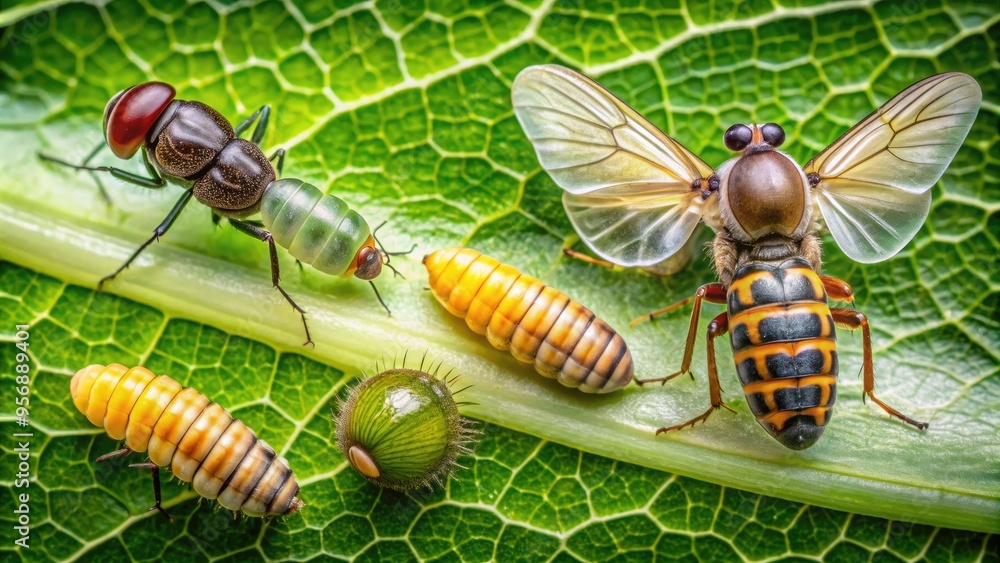 Close-up of Diptera life cycle stages: egg, larva, pupa, and adult fly ...
