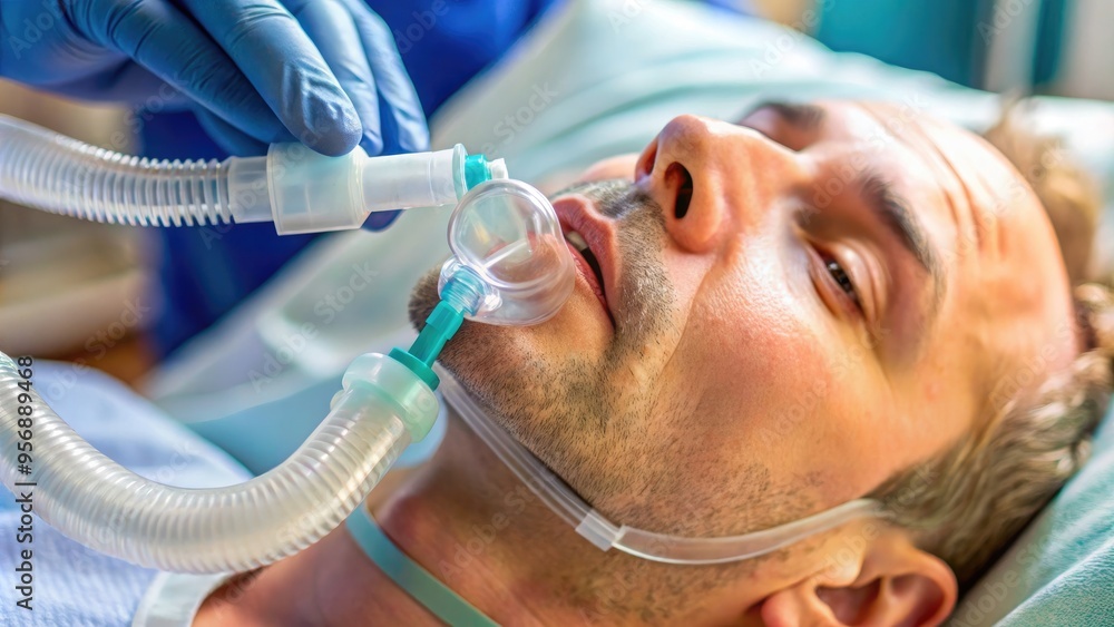 Close-up of suction catheter being inserted into tracheostomy tube ...