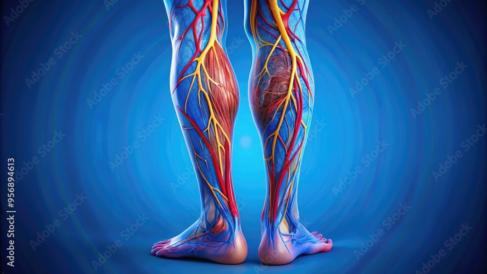 Colorful illustration of a diseased leg vein with bulging, twisted, and ...