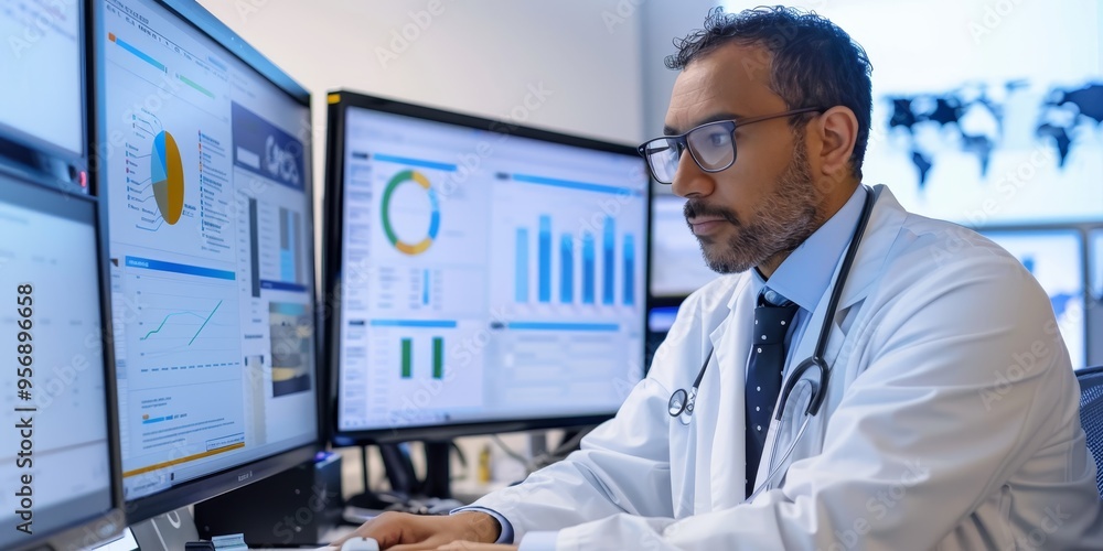 Hospital executive analyzing data analytics dashboard for operational ...