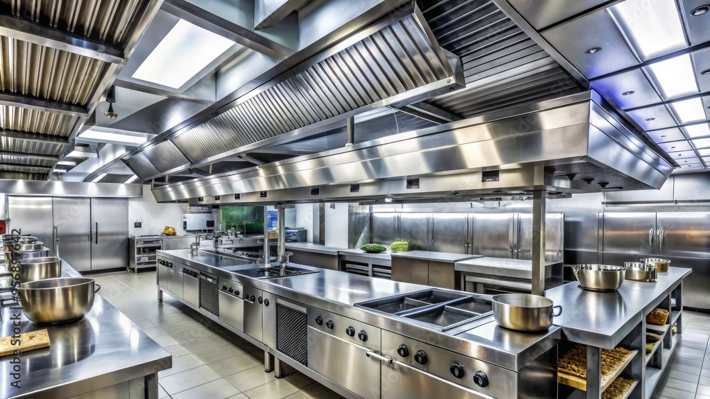 Commercial kitchen ventilation system installed above stainless steel ...