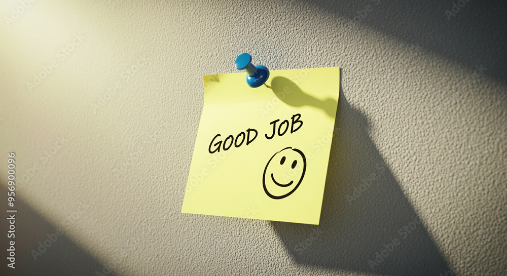 Sticky note with good job message and smiley face pinned on wall Stock ...