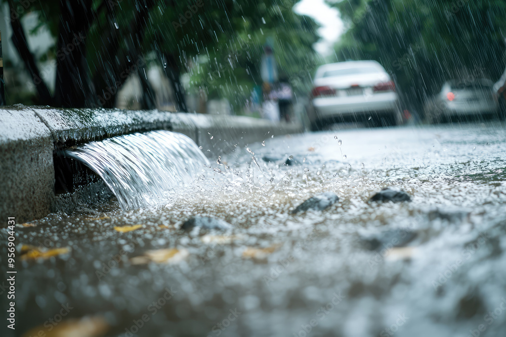 Overflowing Drain: A torrent of water bursts from a drain during a ...