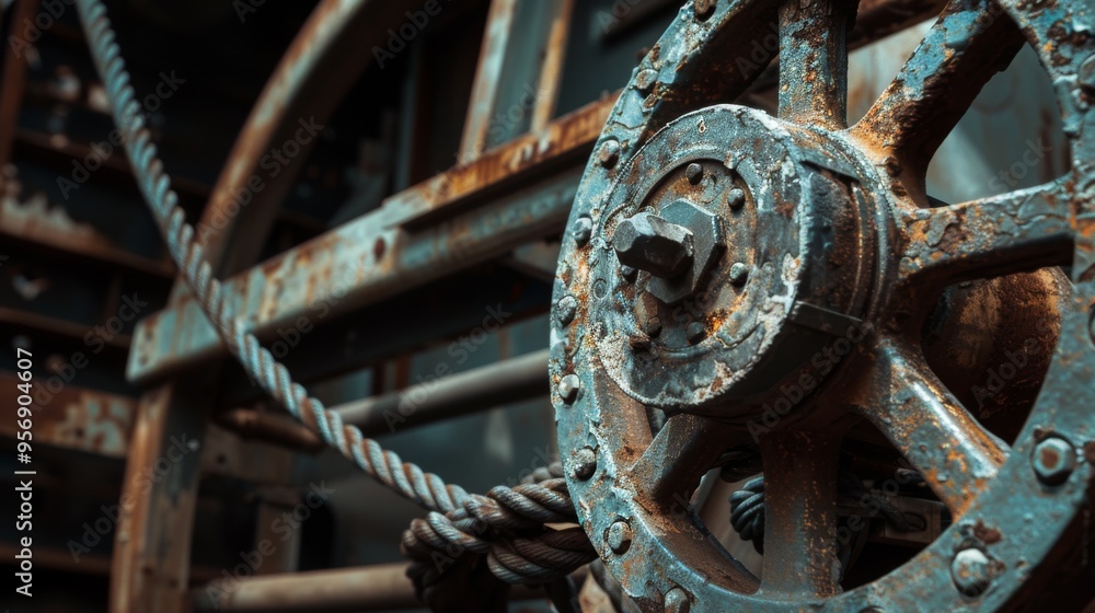 Old rusty industrial machine part featuring a metal wheel and textured ...