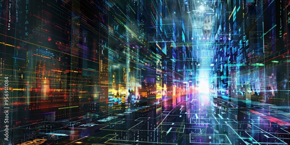 Artistic representation of digital infrastructure with data centers and ...