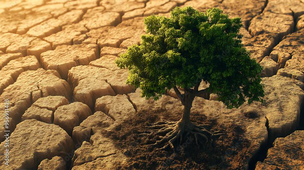 A tree surviving in dry, polluted soil, growing amidst cracked ground ...