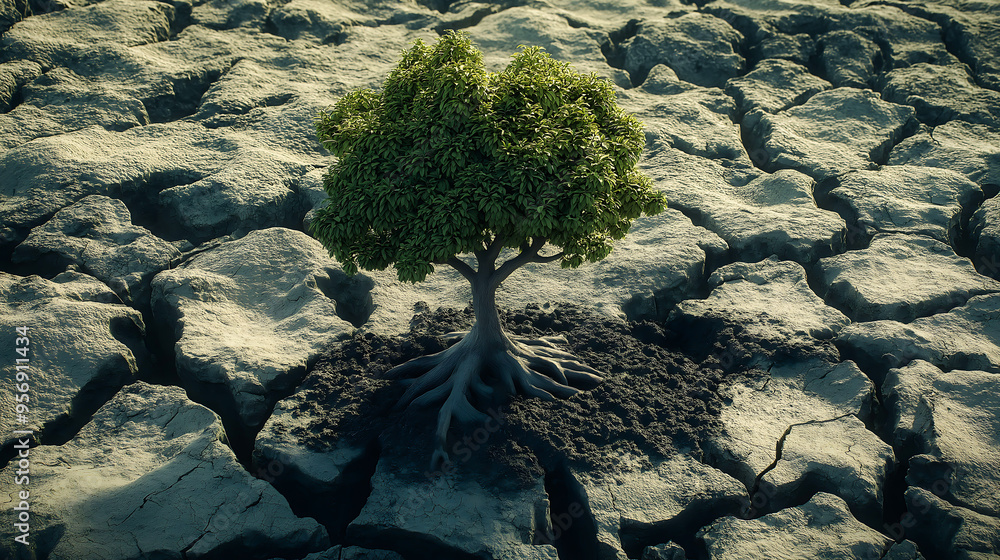 A tree surviving in dry, polluted soil, growing amidst cracked ground ...