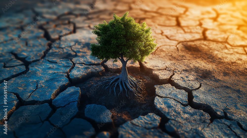A tree surviving in dry, polluted soil, growing amidst cracked ground ...