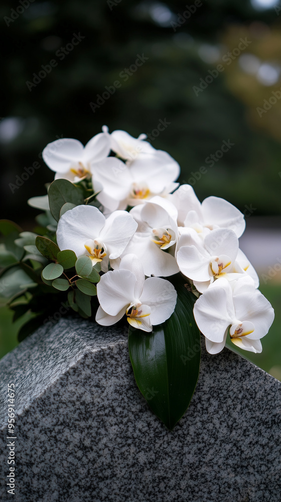 White orchids on a gravestone, serene and respectful funeral flower ...