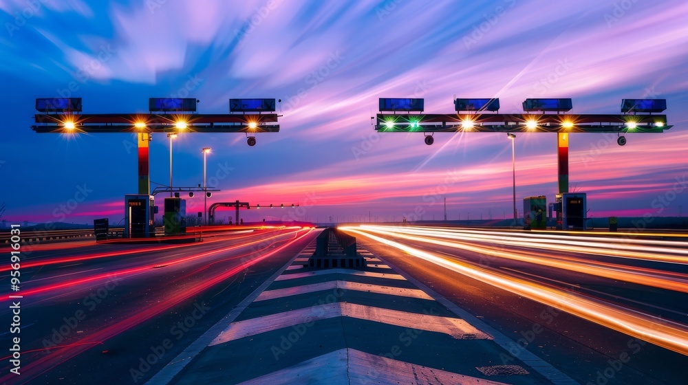 Streaks of multi-colored lights pass through a toll road at twilight ...