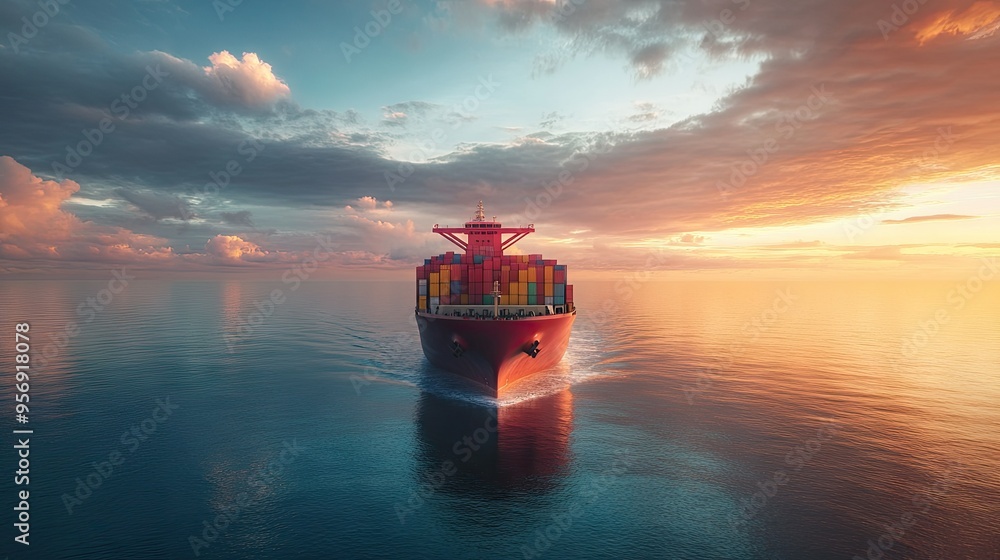 International cargo ship with containers at sea, representing the ...