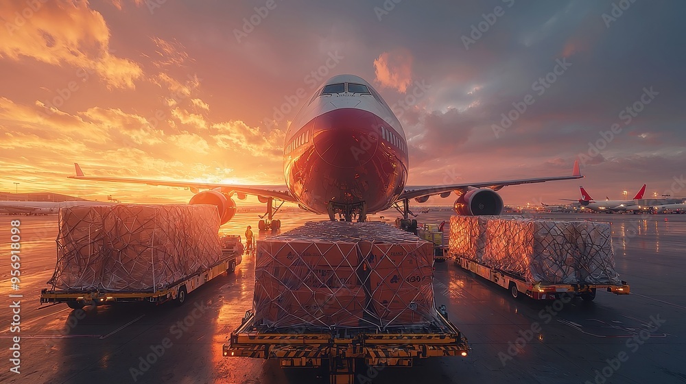 Cargo Transport at Dusk, Airplane loading with containers, vibrant ...