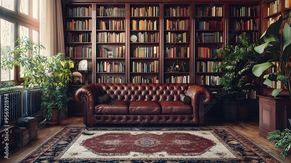 Vintage living room with a large bookshelf filled with old books a ...