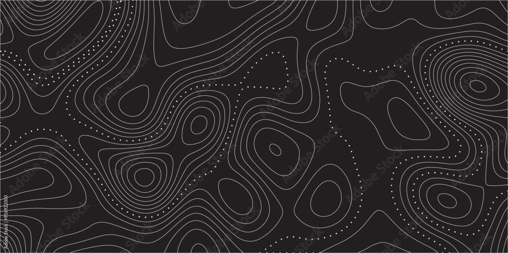 Abstract white on black background Topographic line and dots map ...