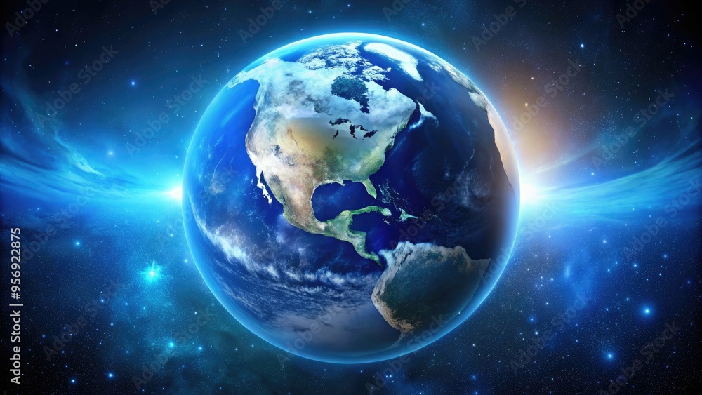 Realistic 3D vector illustration of the Earth as a glowing blue sphere ...